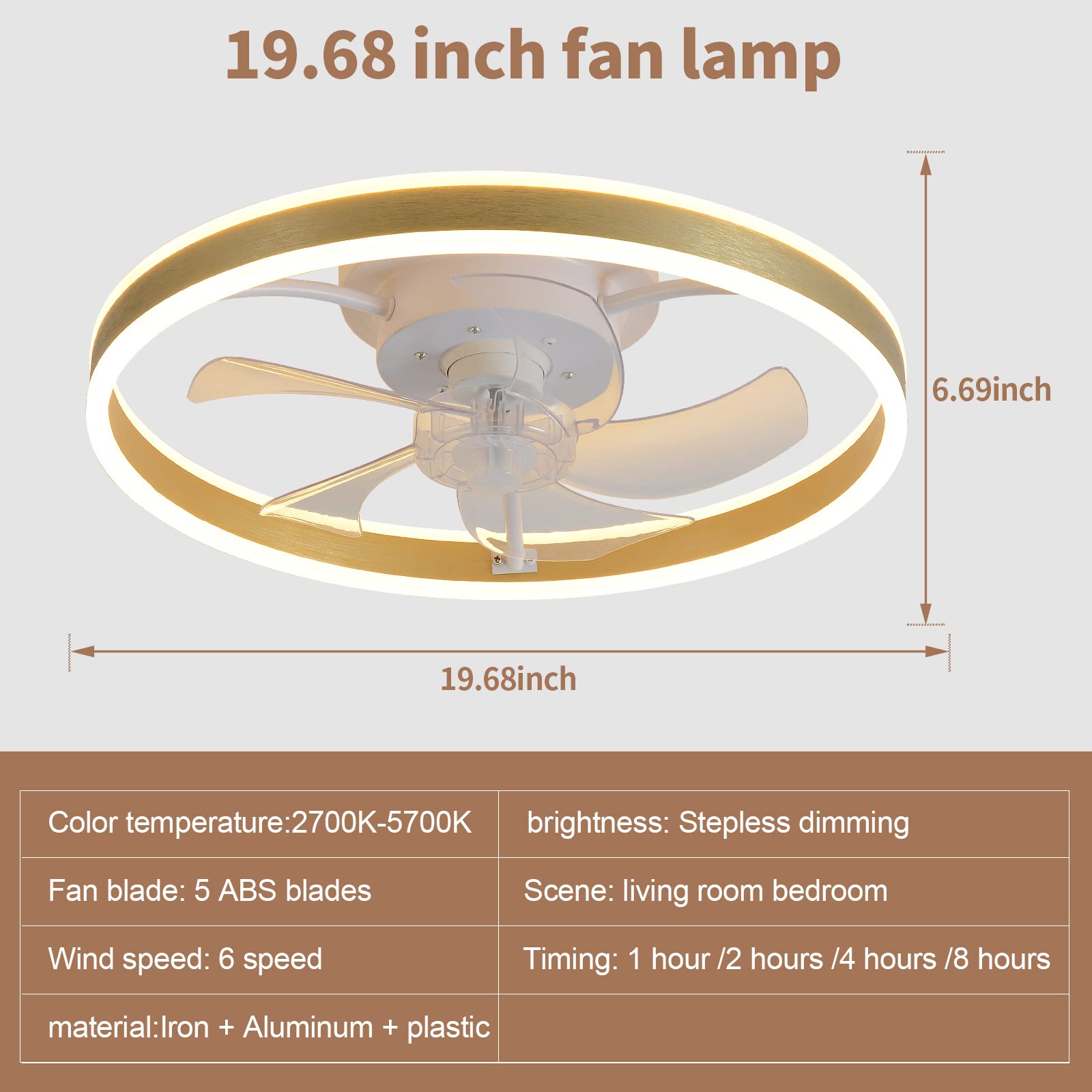 SYNHOK Flush Mount Ceiling Fans with Lights,dimmable Low Profile Ceiling Fans with Lights,Timing and Reversible Lighting&Ceiling Fans, 3 Light Color and 6 speeds Ceiling Fan with Lights,Simple Gold