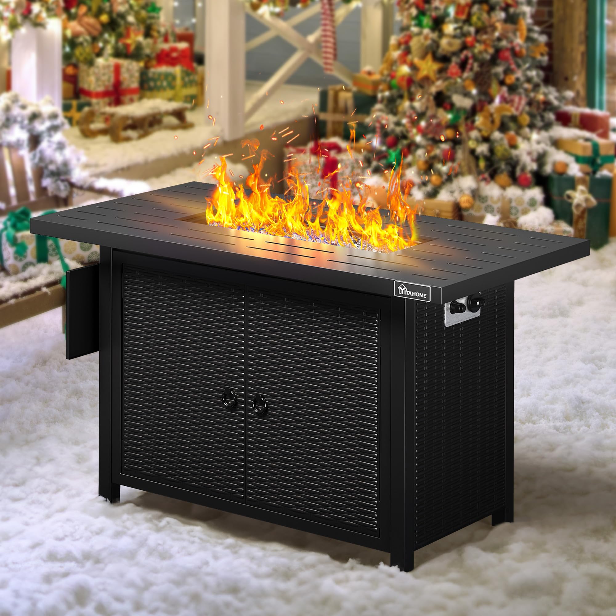 YITAHOME 43 Inch Propane Fire Pit Table and Resin Wicker Base, 50,000 BTU Gas Fire Pit with Ignition Systems, Iron Tabletop, Fire Glass Beads, Cover, Lid Hanger, Rectangle Outdoor Firetable for Patio