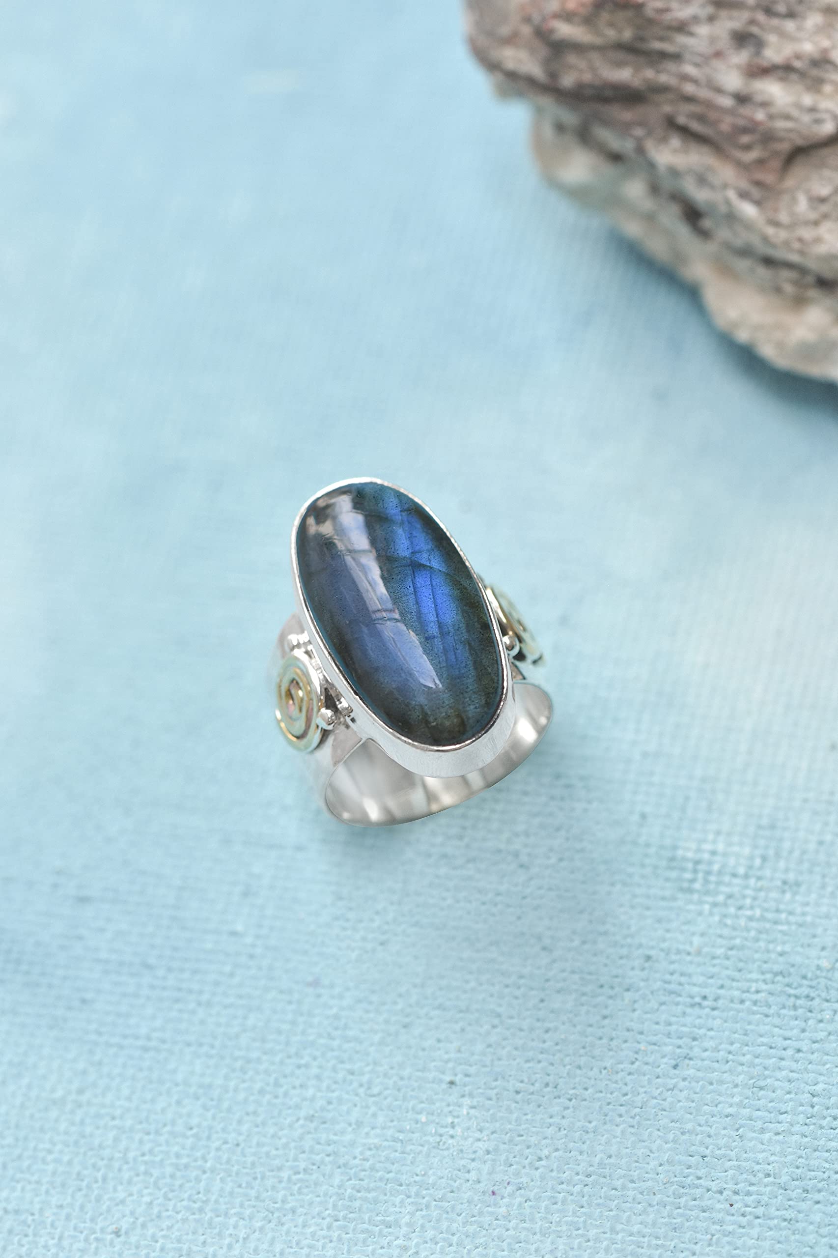 YoTreasure Natural Labradorite 925 Sterling Silver Brass Bold Ring Jewelry