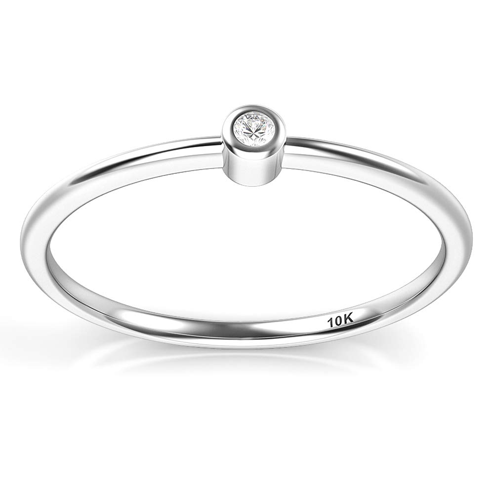 Sz 6.0 Solid 10K White Gold Bezel Set Diamond Wedding Engagement Ring