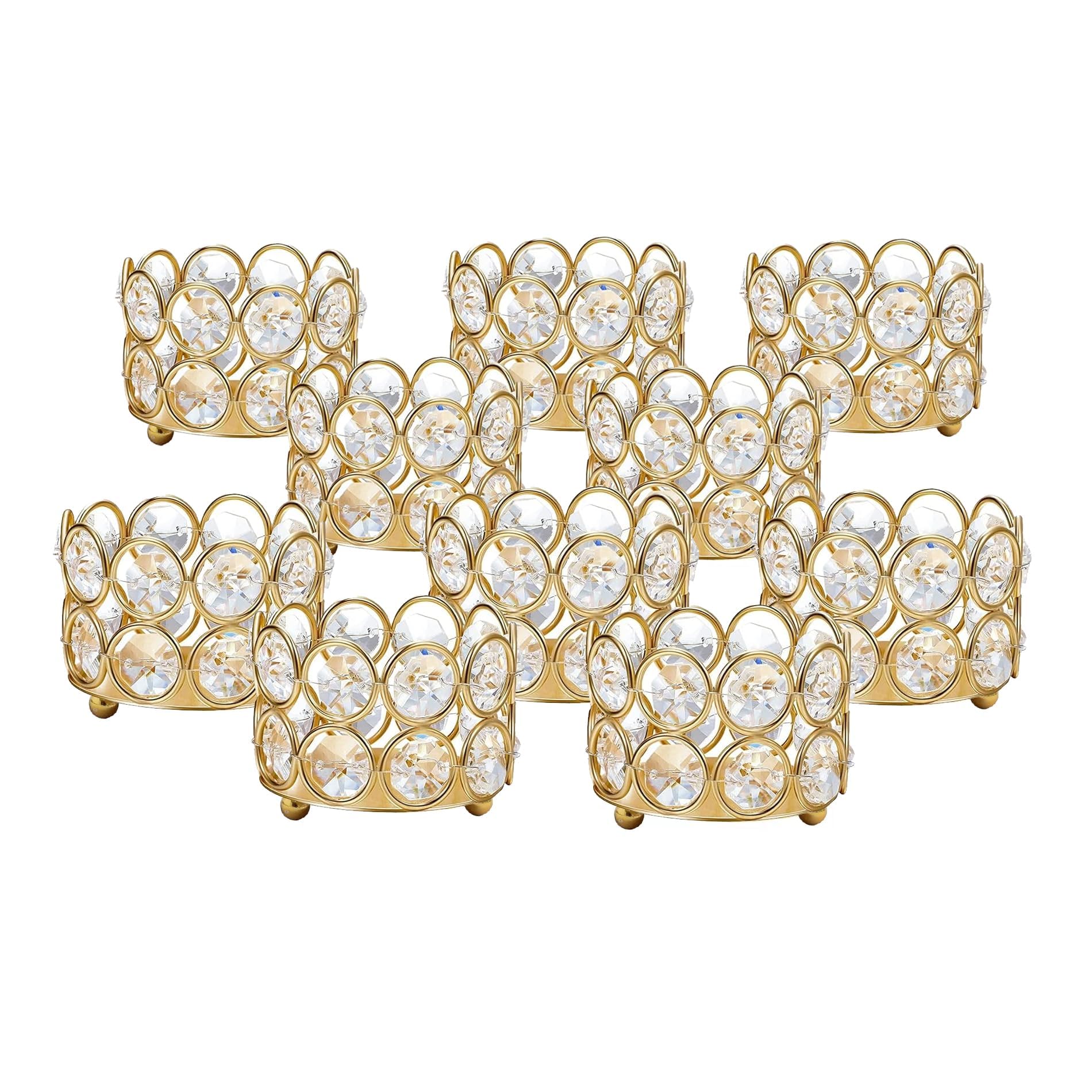 TIED RIBBONS 10 Pcs Crystal Tealight Candle Holders | Metal Rim, Golden | 2 Inch | Votive Tealights Holder | Crystal Glass Candle Holder for Table Centerpiece, Wedding, Housewarming, Anniversary