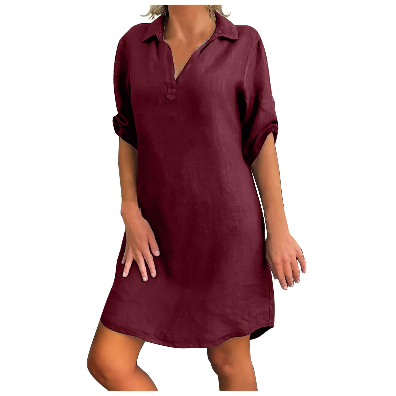 V-Neck Midi Dress for Women Stand Collar Casual Fit Summer Dress Button Half Sleeve Solid Shift Dress Red