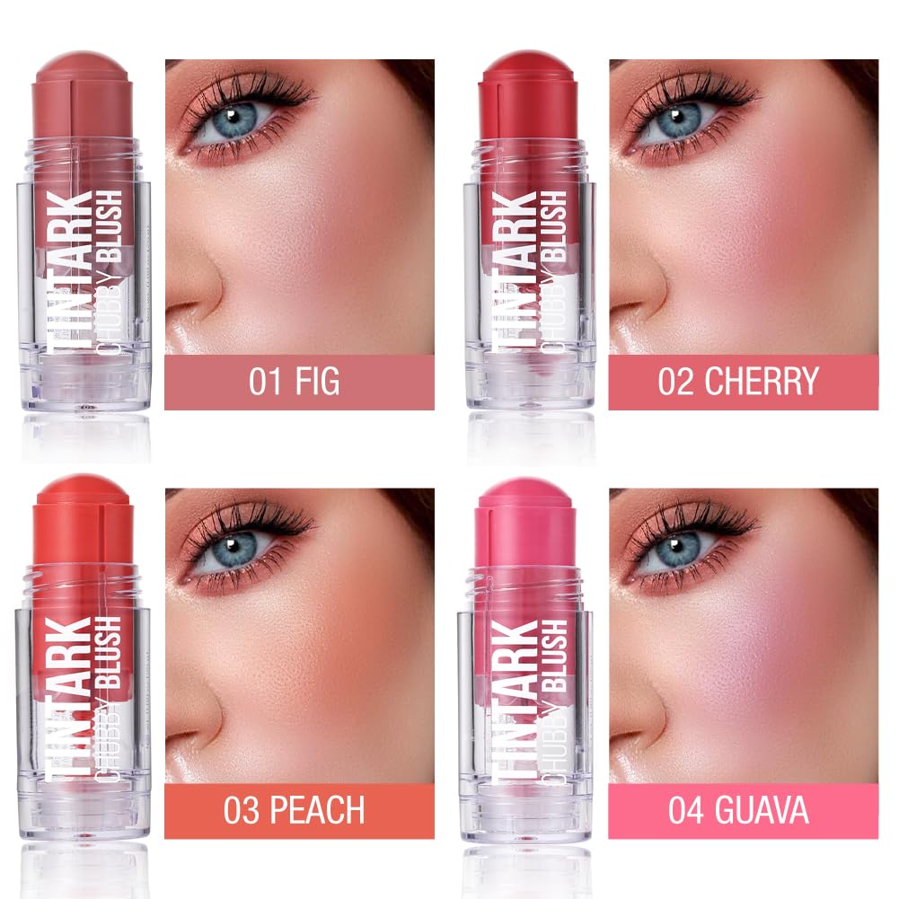 TINTARK Chubby Cream Blush Stick for Face Cheek Lip Eye, Light Translucent Color for Fair Skin, Velvet Mousse Texture, Natural Pink Magenta Peach Red Matte Makeup Blusher, Vegan Cruelty Free