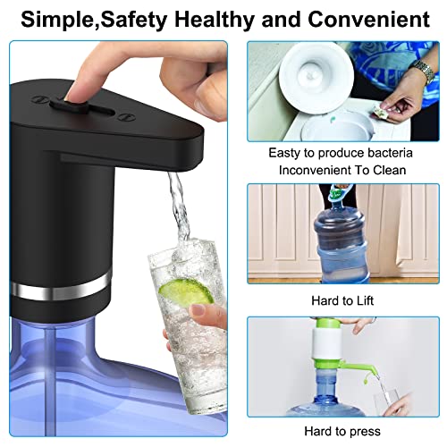 Water Bottle Pump Dispenser 5 Gallon, Manual Straight Plug Button, Automatic Drinking Water Pump, USB Charging with jug Cap, Black