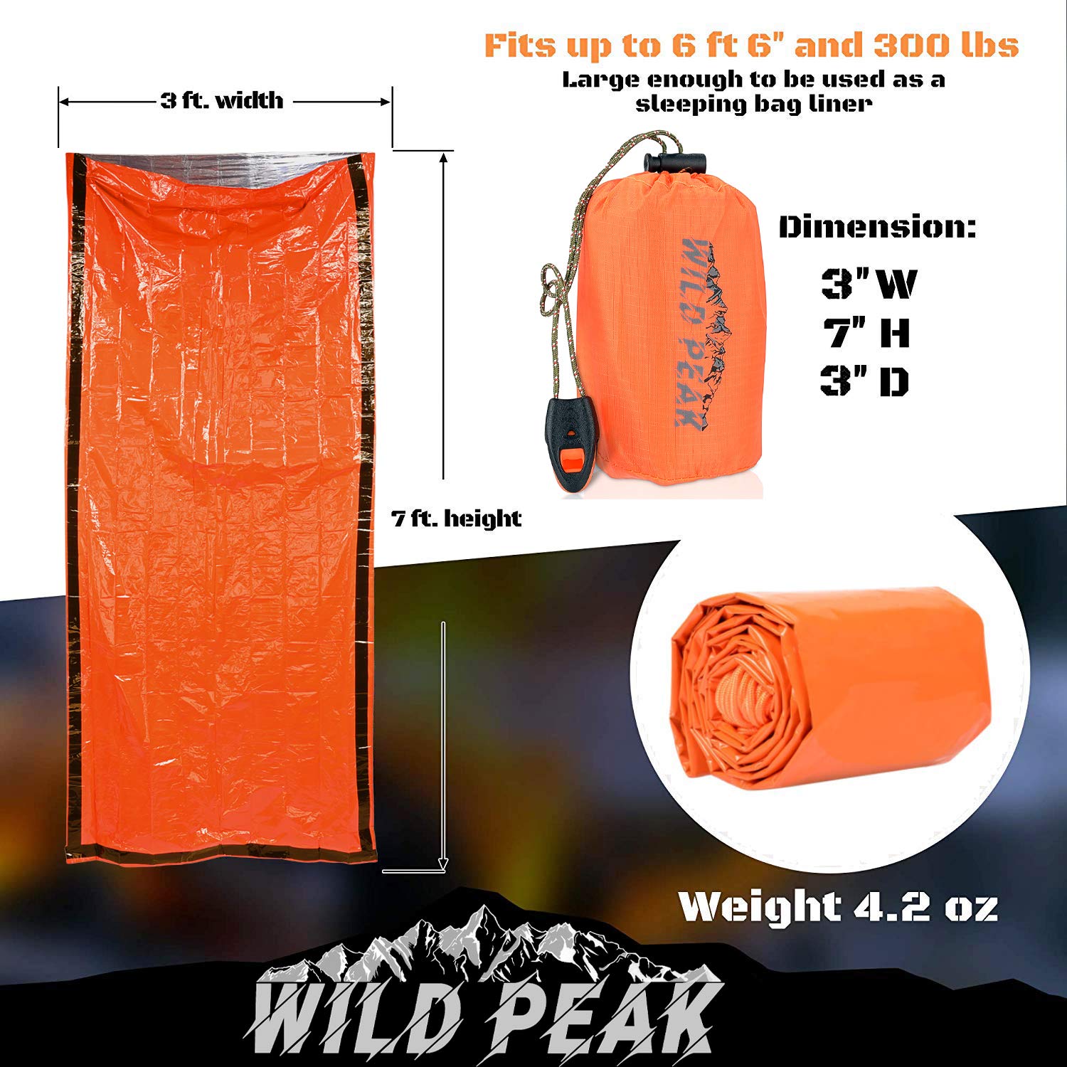 Wild Peak Emergency Waterproof Bivy Sack Sleeping Bag with Survival Gear Whistle - Ultra Lightweight, Compact Thermal Mylar Blanket, Reflective, Reusable, Durable Bivvy