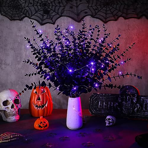 Tigeen 100 Pcs Halloween Black Eucalyptus Stems with Light Strings 15'' Artificial Eucalyptus Leaves Decor Artificial Greenery for Decoration Halloween Flowers Eucalyptus Branches Fake Eucalyptus Stem
