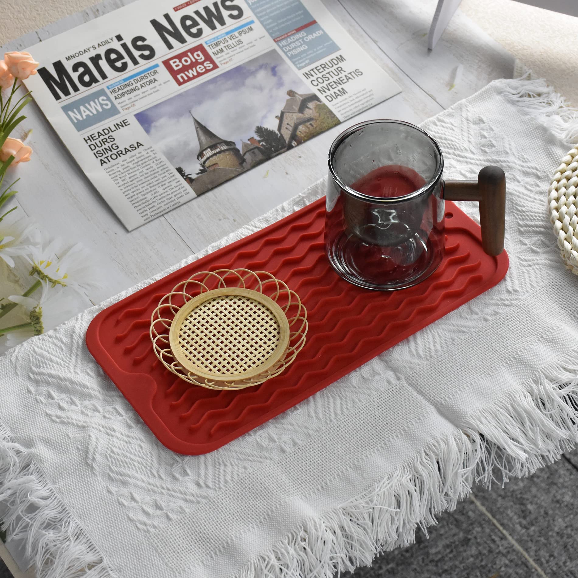 Silicone Dish Drying Mat, Non-Slip Easy Clean Sink Mat Large Heat-resistant Dish Drainer Mat for Kitchen Counter, Sink, Refrigerator or Drawer liner (12" x 6", RED)