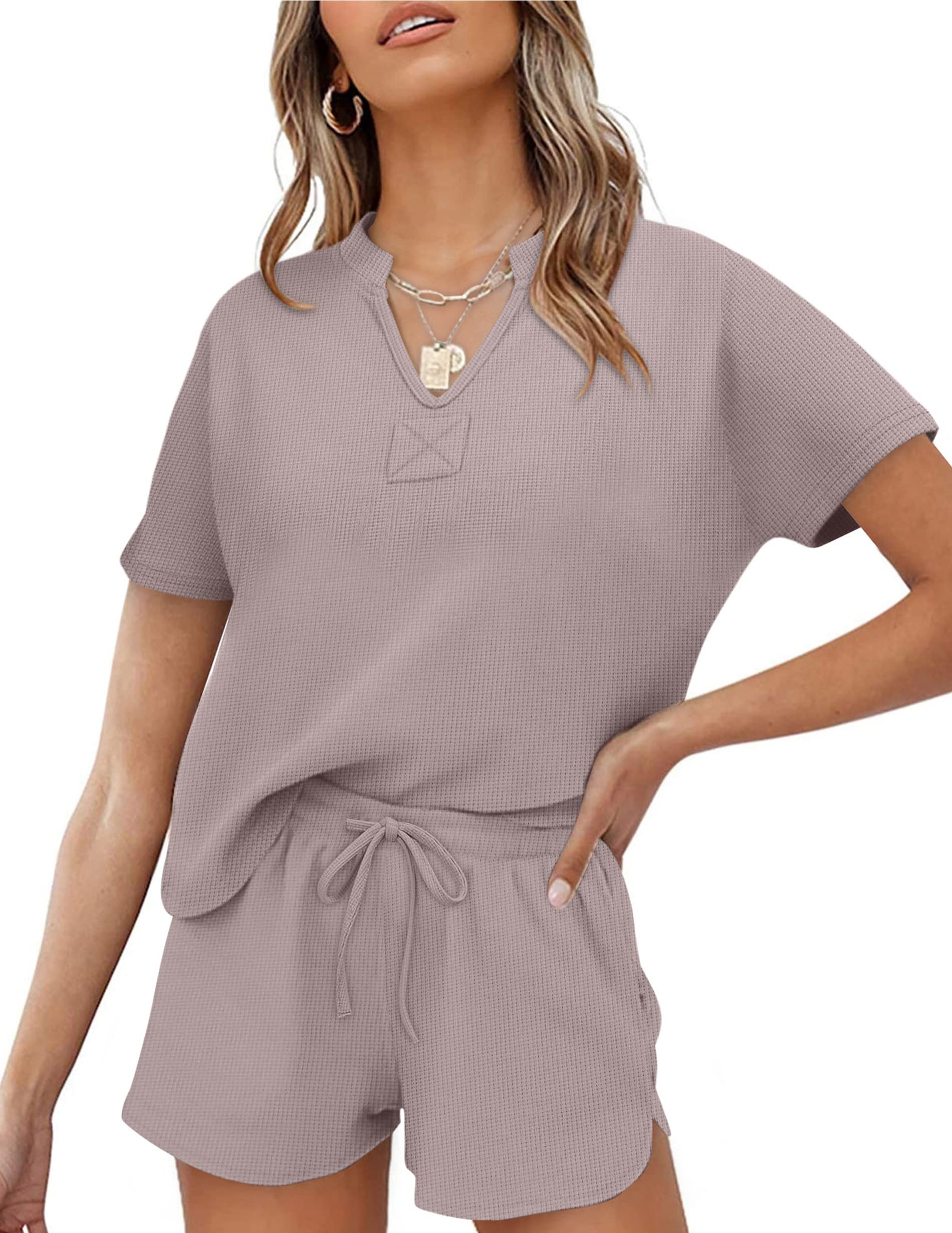 WIHOLL Pajamas Sets For Women Shorts Summer Outfits 2 Piece Sets Beige L