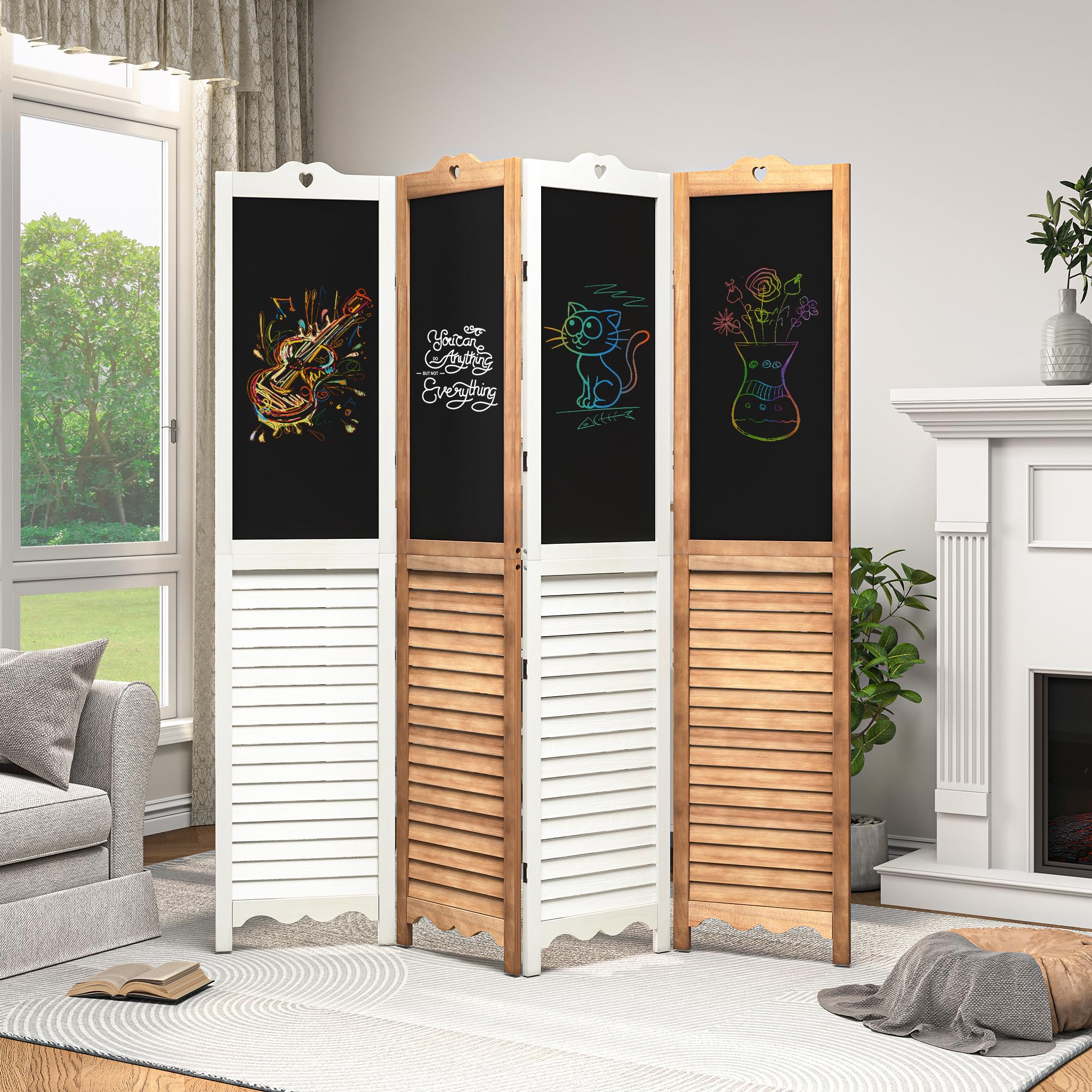 YITAHOME 5.6FT Wood Room Divider 4 Panel Folding Privacy Screens with Chalkboard, Standalone Portable Wall Divider Room Partition for Bedroom, Study, Hotel, Office