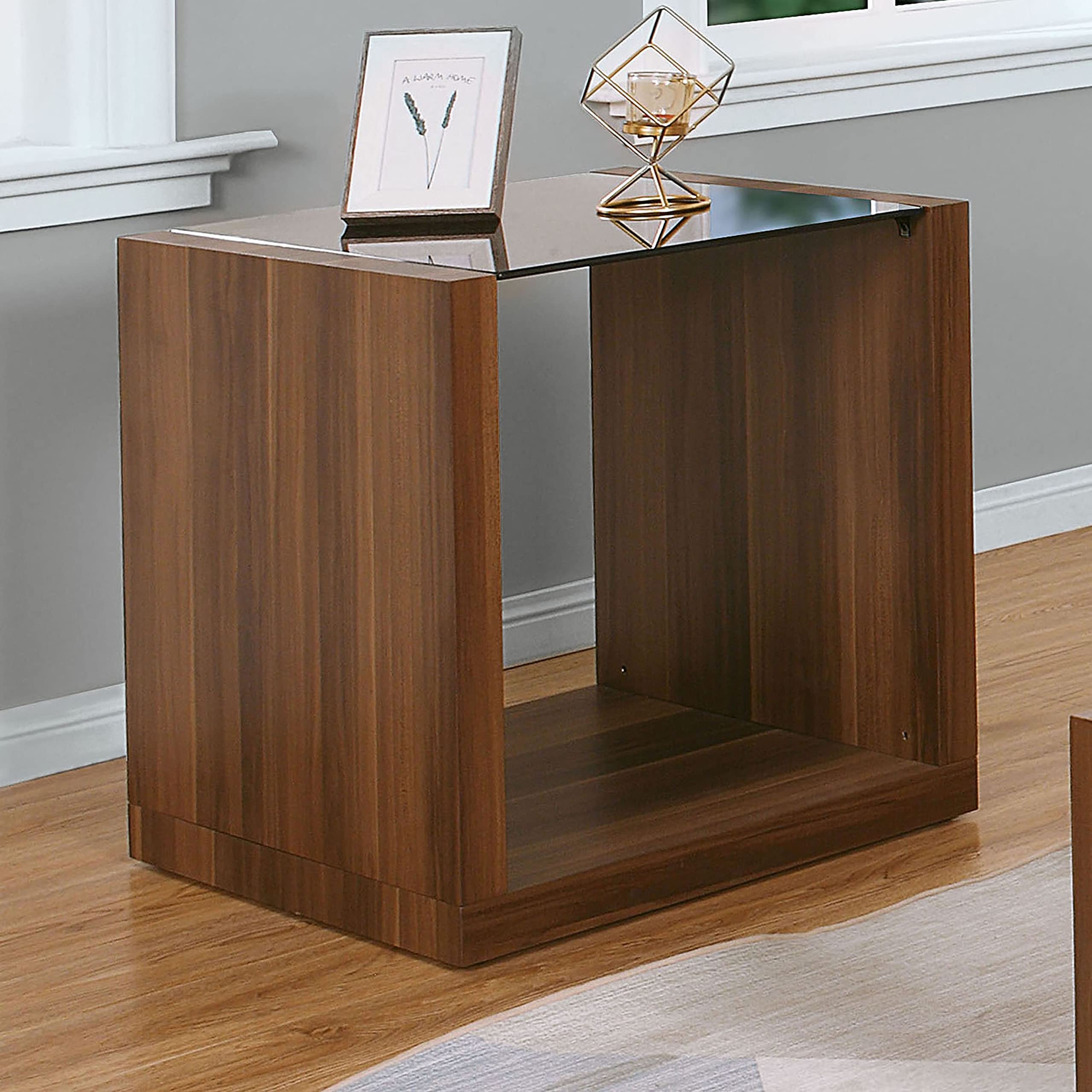 Walnut 3-Piece Storage Coffee Table Set Black Brown Farmhouse Modern Contemporary Rectangular Glass Veneer Finish Drawers Shelf