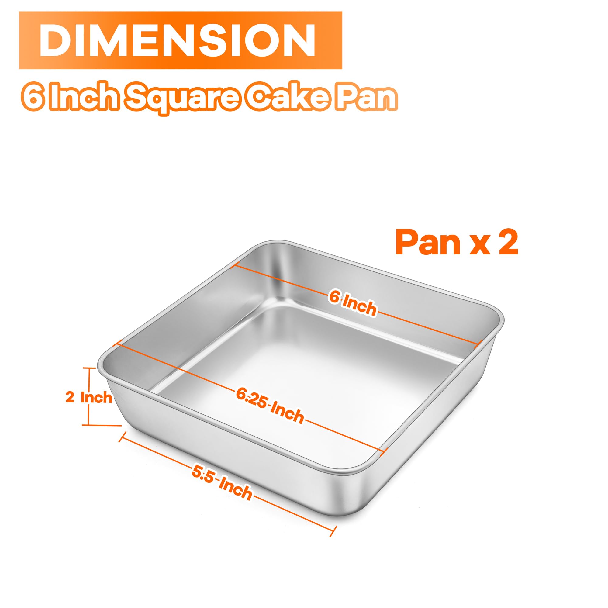 TeamFar 6 Inch Square Cake Pan, Stainless Steel Square Baking Pan for Lasagna Cake Brownie, Healthy & Heavy Duty, Dishwasher Safe & Easy Clean, Brushed Surface & Smooth Edge, Set of 2