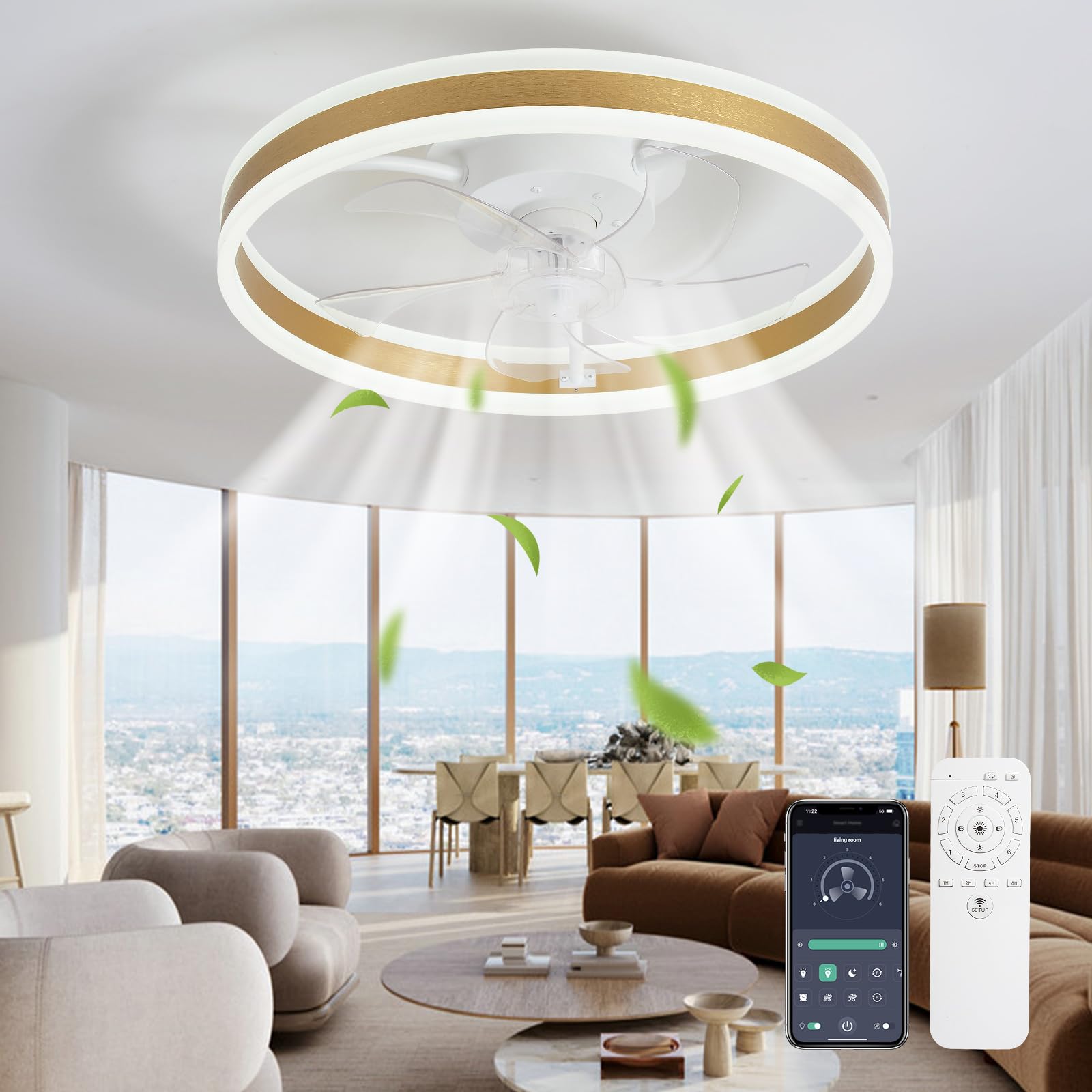 SYNHOK Flush Mount Ceiling Fans with Lights,dimmable Low Profile Ceiling Fans with Lights,Timing and Reversible Lighting&Ceiling Fans, 3 Light Color and 6 speeds Ceiling Fan with Lights,Simple Gold