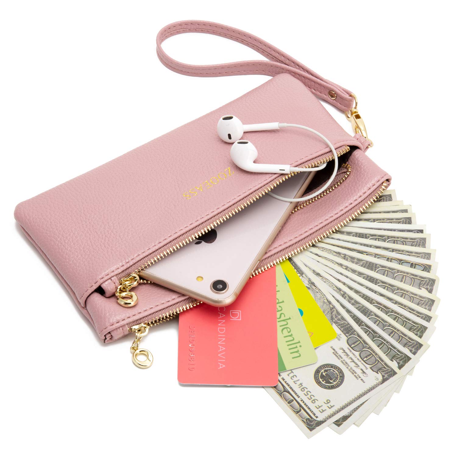 ZOOEASS Women Vegan Leather Wristlets Bag, Clutch Organizer Wallets Purses for iPhone(Pink Long)