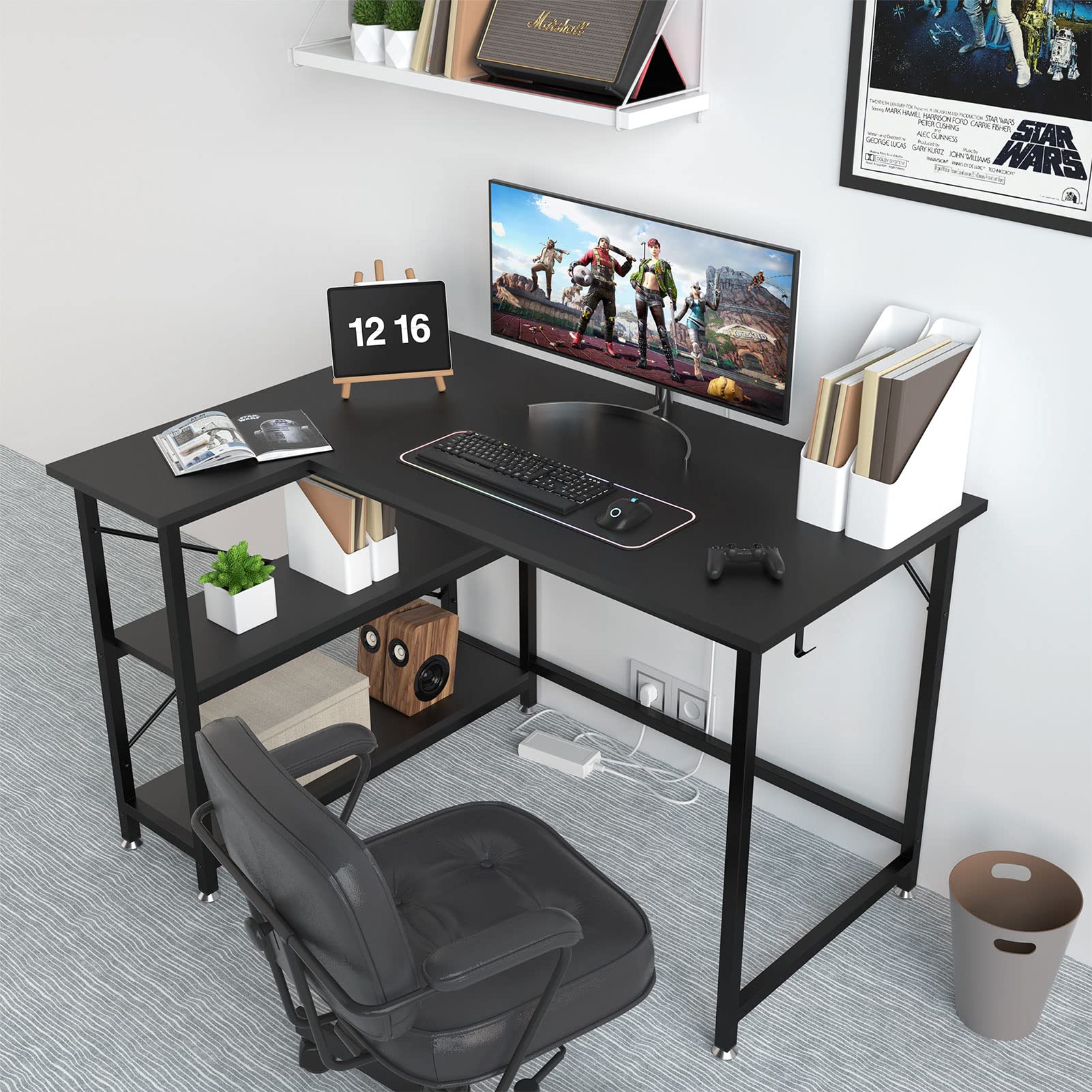 SunyesYo L Shaped Computer Desk 47 in - Small Office Home Gaming Desk with Storage Shelves - Study Writing Corner Table, Reversible Sturdy Workstation, Work PC Desk, Classic Black