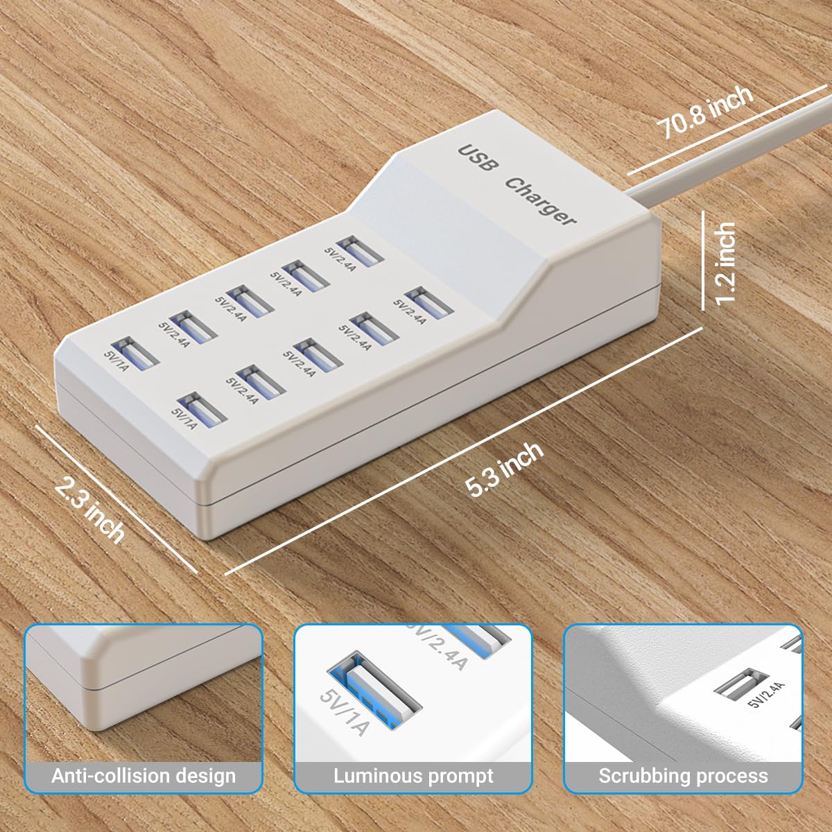 USB Charging Station-10 Ports USB Charger Dock, USB Multiple Port Charger,70.8 Inch Extension Cord,Suitable for Various Devices Mobile Phones, Cameras, Bluetooth Headsets(2PC)