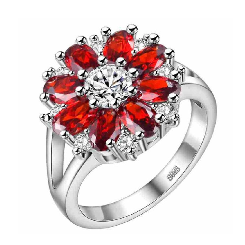 Uloveido Oval Red Stone Flower Rings Women Wedding Party Statement CZ Cocktails White Gold Plated Classic Fashion Ring (size 8) J676