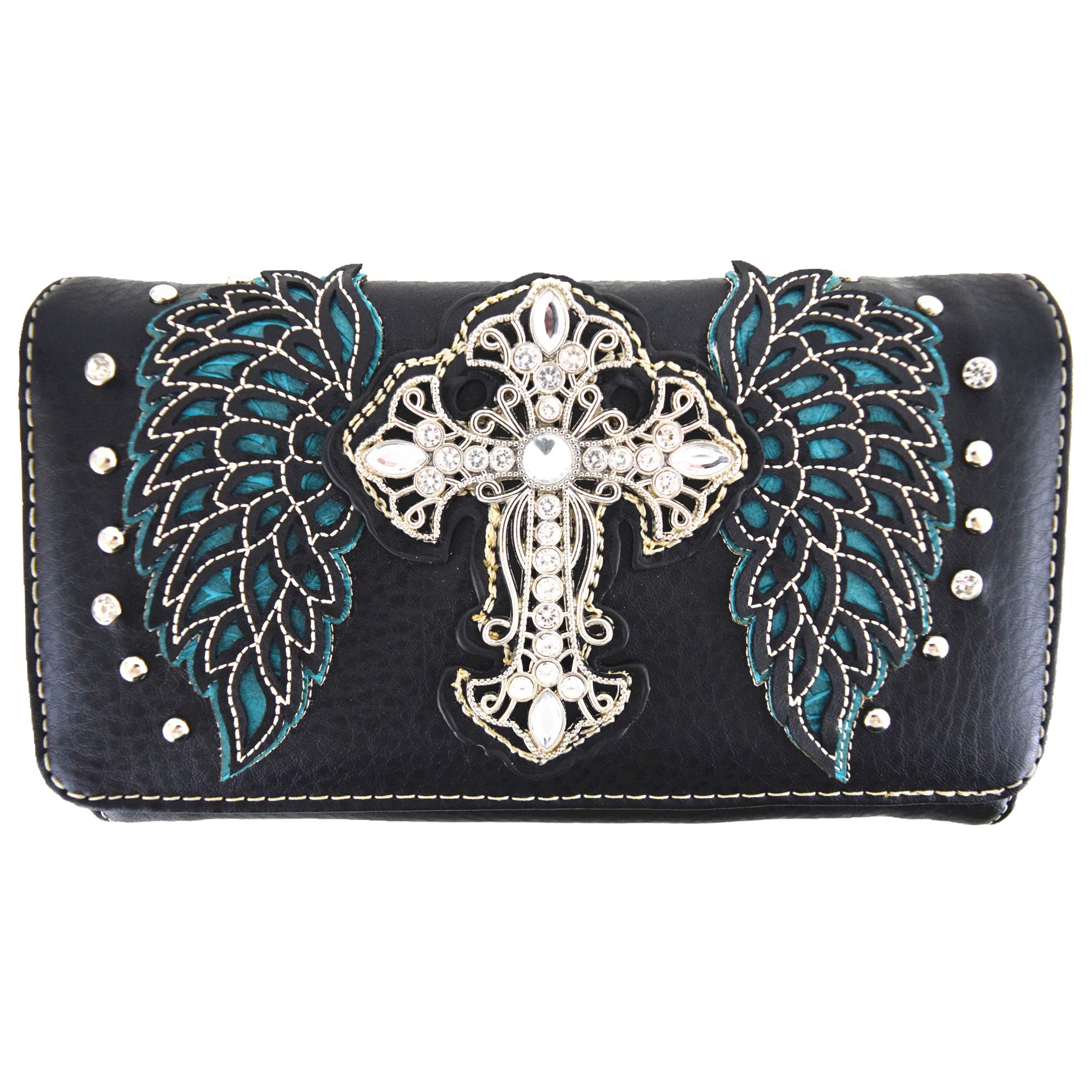 Western Style Rhinestone Cross Studded Laser Cut Wings Tooled Leather Purse Women Handbags Country Shoulder Bag Wallet Set (2Black/Turq Set)
