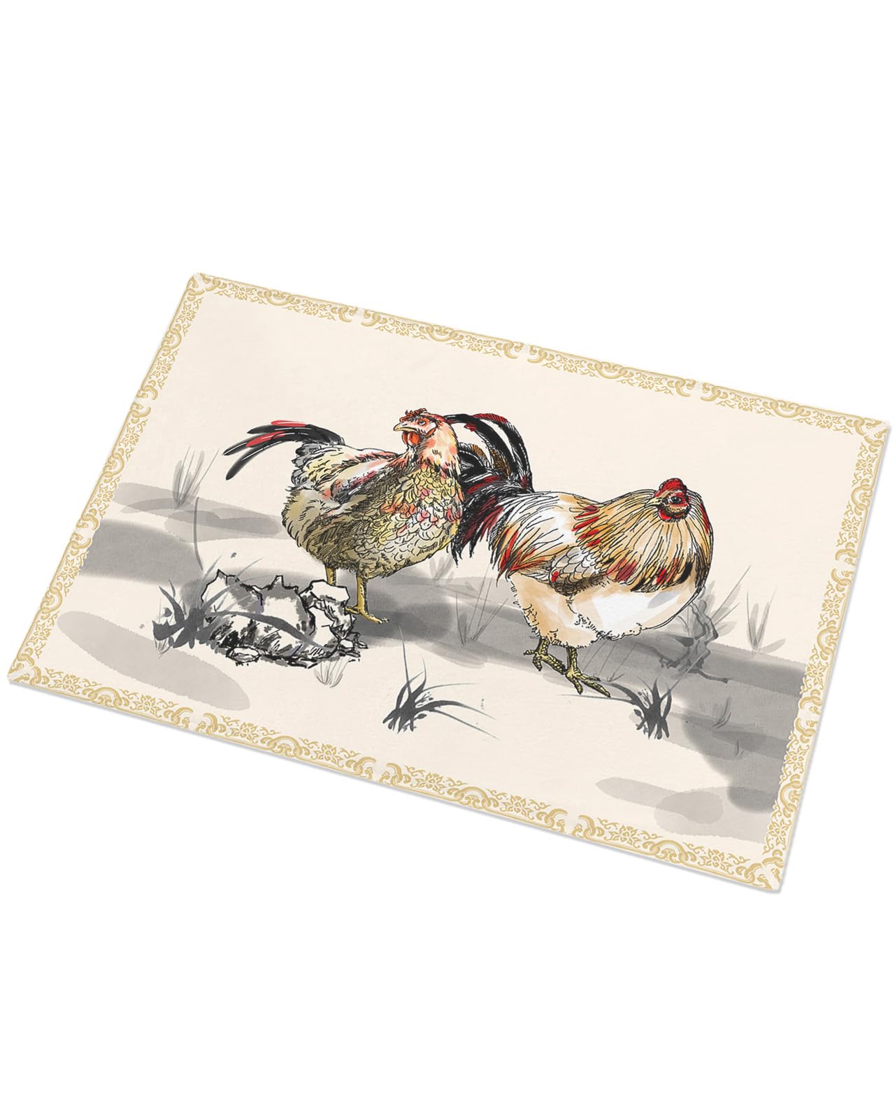 Shag Door Mats Bath Rugs Farmhouse Rooster Ink Art Oriental Art,Soft Fluffy Doormats Non Slip Carpet Farm Animal Retro Border,Shaggy Fuzzy Area Throw Rug for Kitchen/Bathroom/Bedroom 16x24In