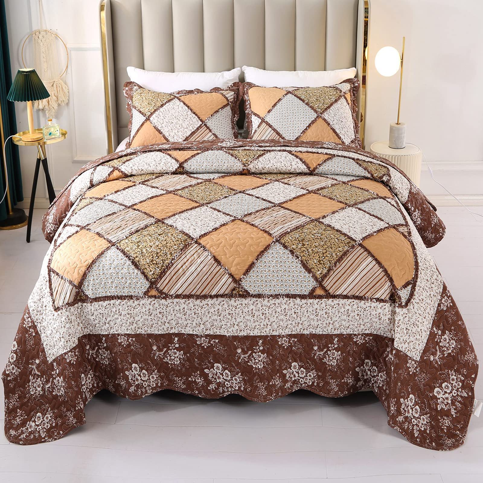 VIVILINEN Patchwork Quilt Set Queen Size 3-Piece Reversible Quilted Bedspread Coverlet Set Floral Stitched Comforter Bedding Set Bed Cover Throw Blanket with 2 Pillow Shams for All Season