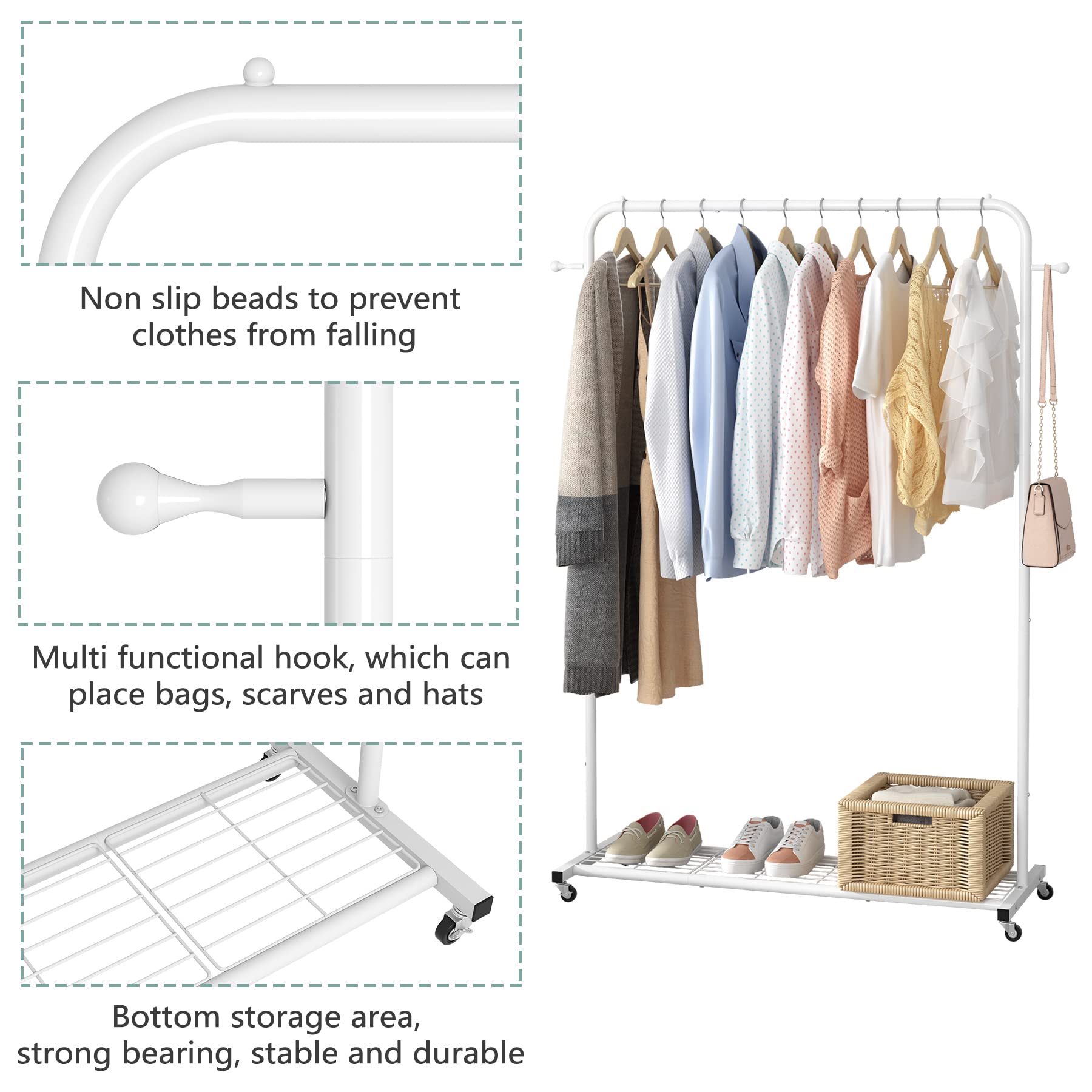 Sywhitta Clothes Rack on wheels, Clothing Rack with Bottom Mesh Storage Shelf,Sturdy Metal Frame,Rolling Garment Rack for Hanging Clothes,Coats,Skirts,39.76" L x 16" W x 64.56" H,White