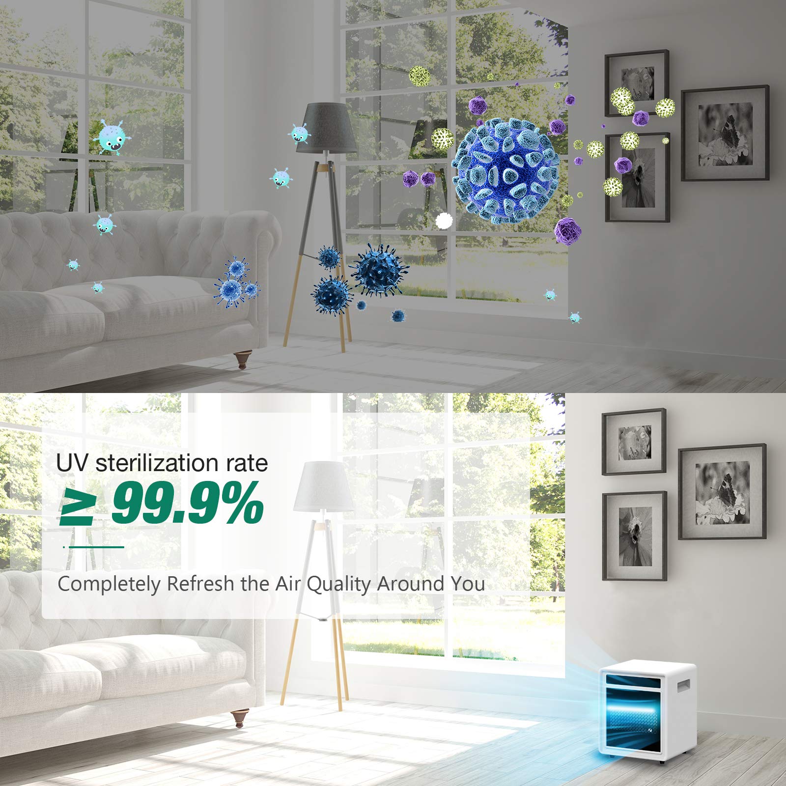 TRUSTECH UV Air Purifier for Home - Portable UVC Light Sanitizer Clean Air Remove Allergies Dust Mold Odors Smoke Pollen Pet Dander, 322sq.ft Coverage, Ideal for Office Kitchen Bedroom,Large Room