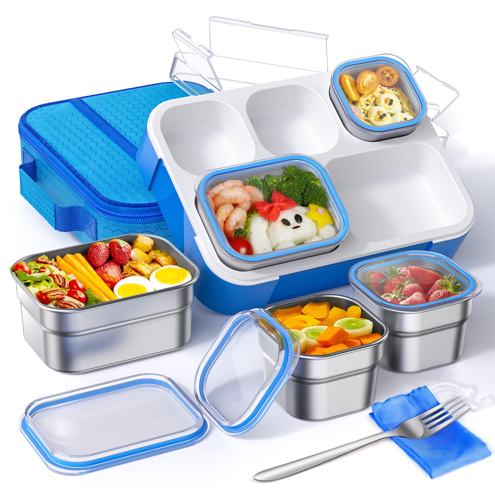 TIME4DEALS Bento Box Stainless Steel Lunch Box Set for Kids Adult 5-Compartment Leakproof Insulated Lunch Containers with Fork Lunch Bag Kits for School Works, Metal Lunchbox Tray BPA-Free (Blue)