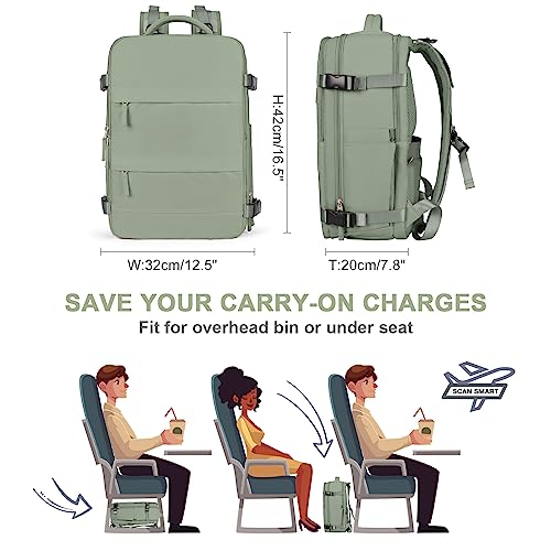 UPPACK Travel Backpack For Women Men Carry On Backpack Flight Approved Gym Bag With Shoe Compartment Hiking Waterproof Laptop Backpack College Essentials Grey Green