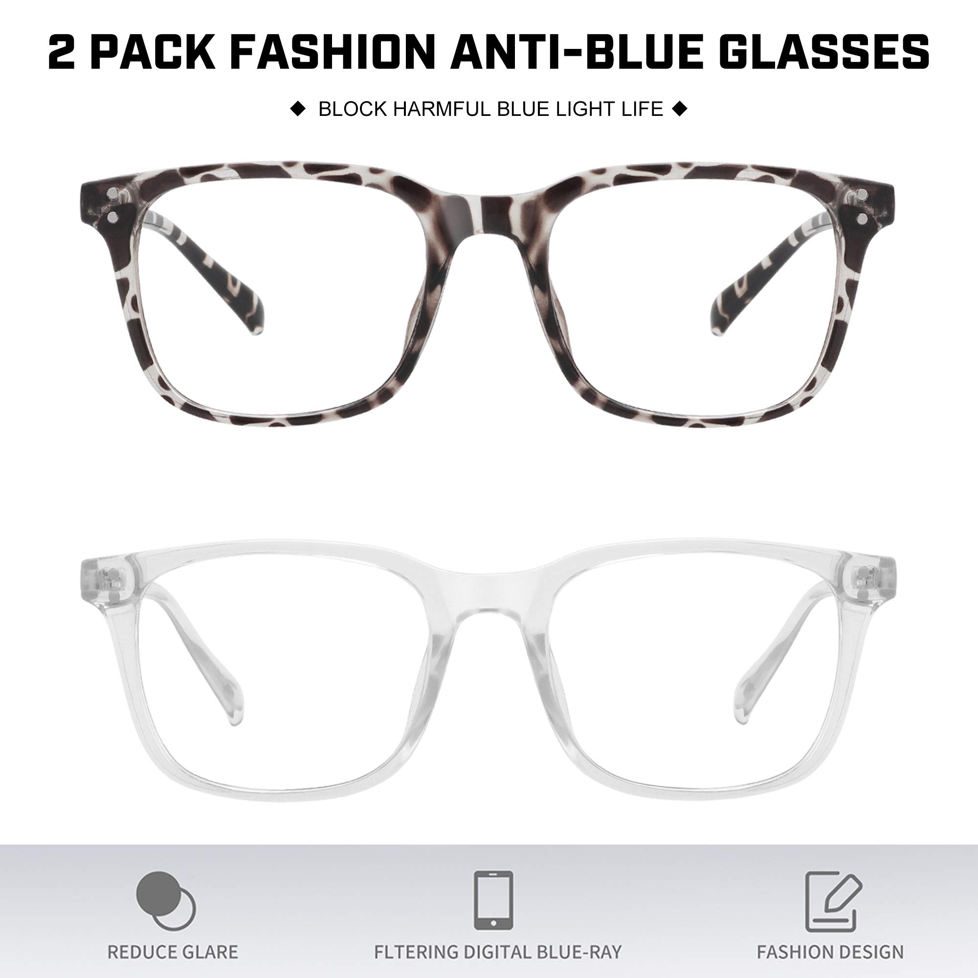 STORYCOAST 2 Pack Blue Light Blocking Glasses,Square Computer Glasses Women Men,TR90 Super Light Frames (Gray Leopard+Clear, 56)