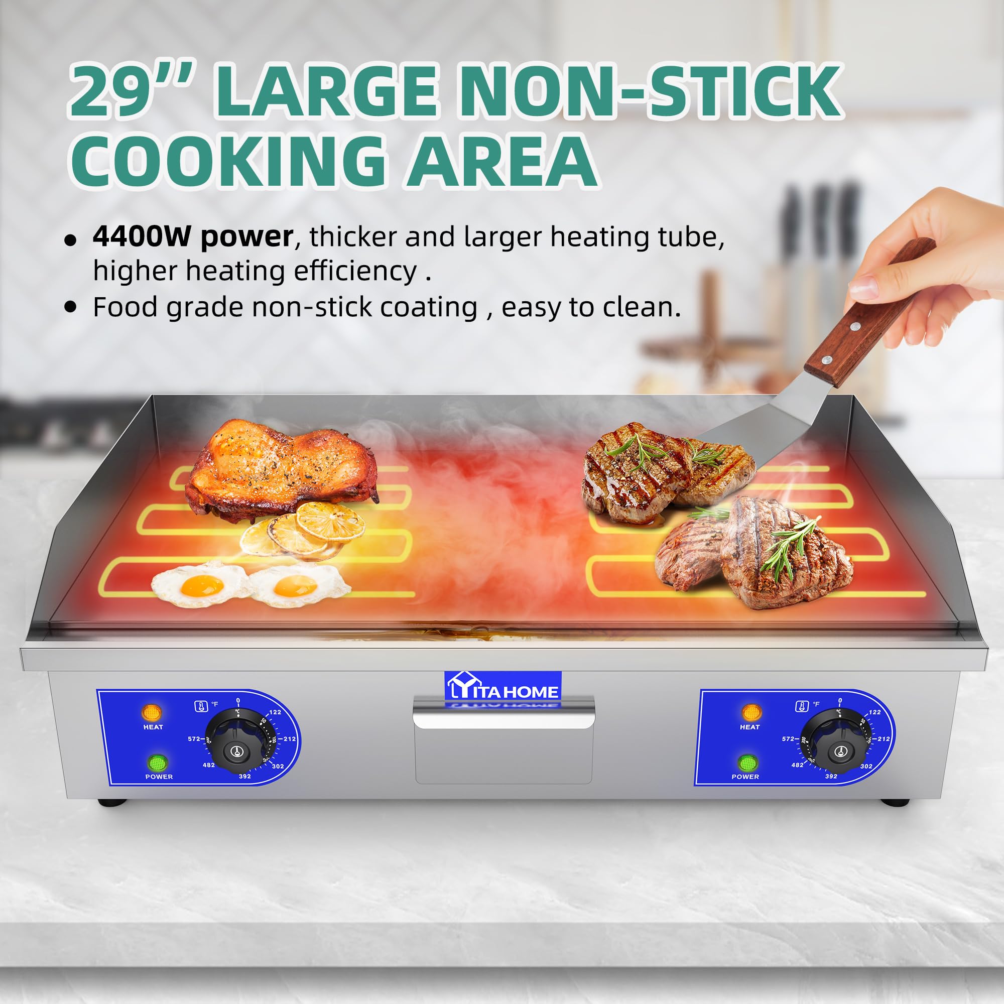 YITAHOME Commercial Electric Griddle 29" with Spring Handle, Dual Temperature Control 4400W Countertop Flat Top Griddle, Non-Stick Countertop Grill for Restaurant BBQ Grill Party (No Plug)