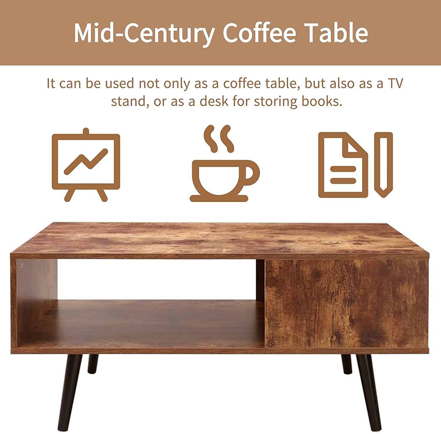 usikey Wooden Coffee Table, Mid-Century Coffee Table with Storage Open Shelf, Accent Cocktail Table for Living Room, Reception, Rustic Brown