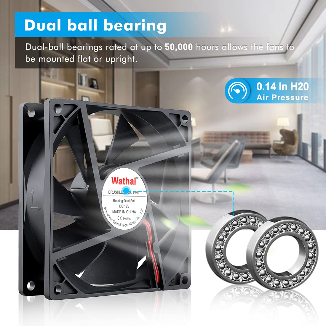Wathai 9225 92mm x 25mm 12V DC Brushless Computer case Fan 12 Volt 2Pin Dual Ball for DIY Cooling Ventilation Exhaust Projects