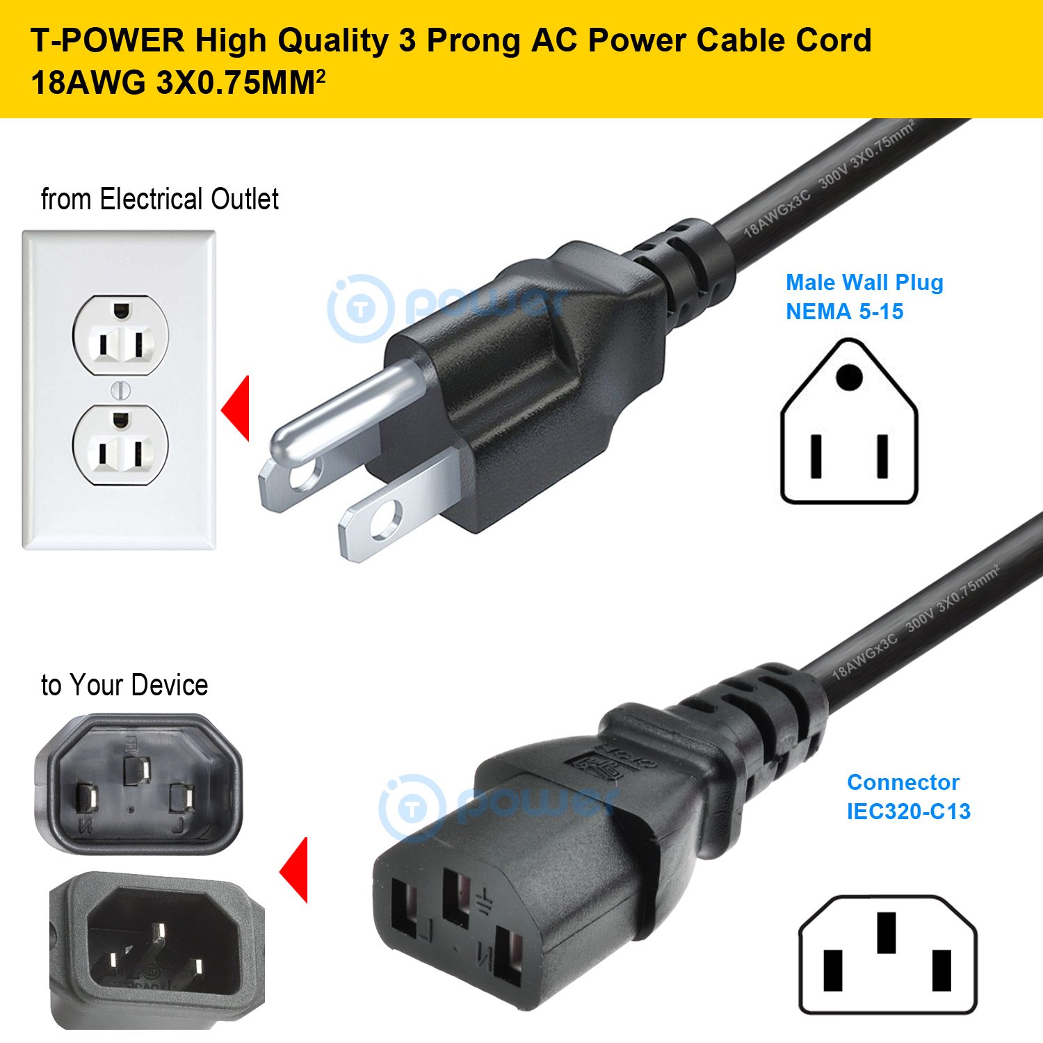 T POWER 4 FT Long 3 Prong AC Power Cord for Instant Pot Pressure Cookers, Rice Cookers, Soy Milk Makers, and Other Kitchen Appliances Power Cord Model PC-WAL1 3pin