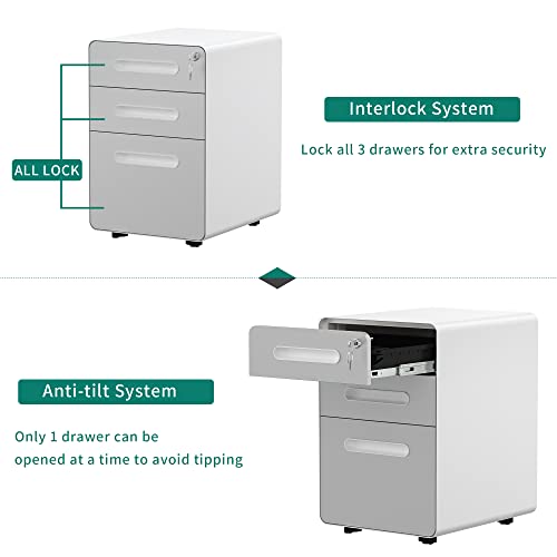 YITAHOME 3-Drawer Metal Mobile File Cabinet, Rolling Filing Cabinet with Lock, Filing Cabinet Under Desk fits Legal/A4 Size for Home/Office, Fully Assembled,White and Grey