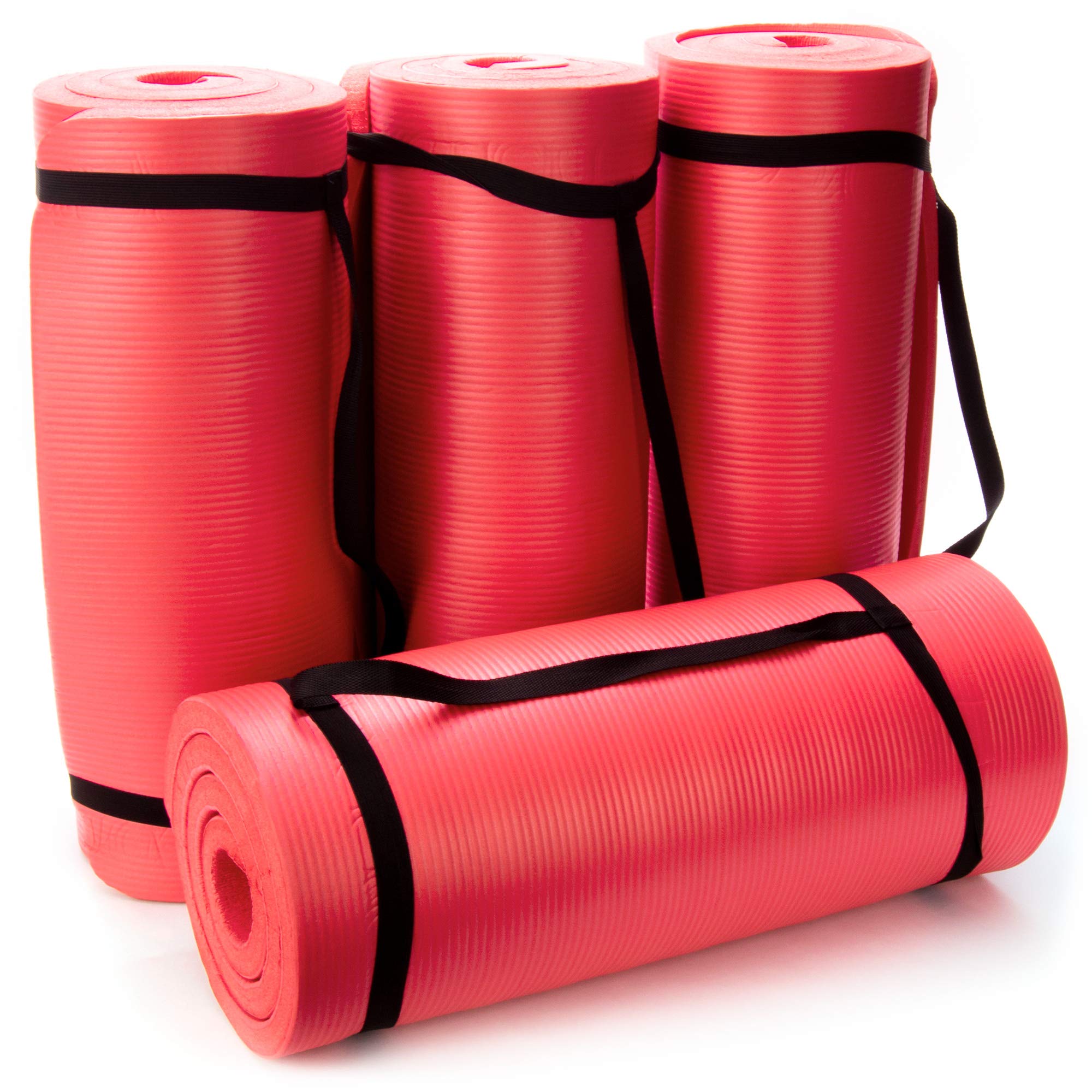 Yoga Cloud 4-pack - 1" Extra Thick Fitness Mats with Shoulder Strap - Soft Non Slip Exercise Pad for Pilates, Stretching, Gym Classes, Home Workout, Camping, Physical Therapy & Joint Relief (Red)