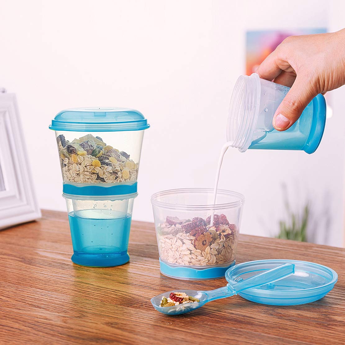UTOWO Cereal On the Go Cups Travel-To-Go-Food-Containers Storage with Spoon Breakfast Drink-Cups-Portable (Blue)