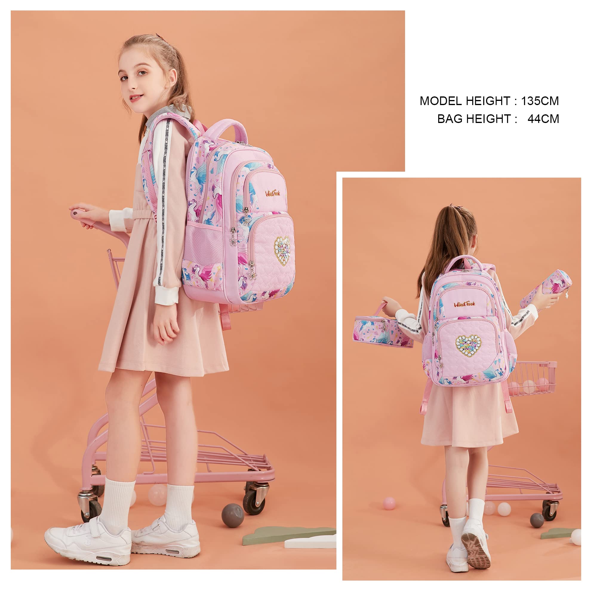 Windtook Kids School Backpack for Girls Elementary Student Bags with Insulated Lunch Bag Pencil Case 3 in 1 Bookbags