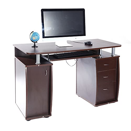 XYZTech 45 Inch Home & Office Computer Desk with 3 Drawers Writing Study Computer Table Workstation with Detachable Sliding Slide-Out Keyboard Tray Shelf (Brown)