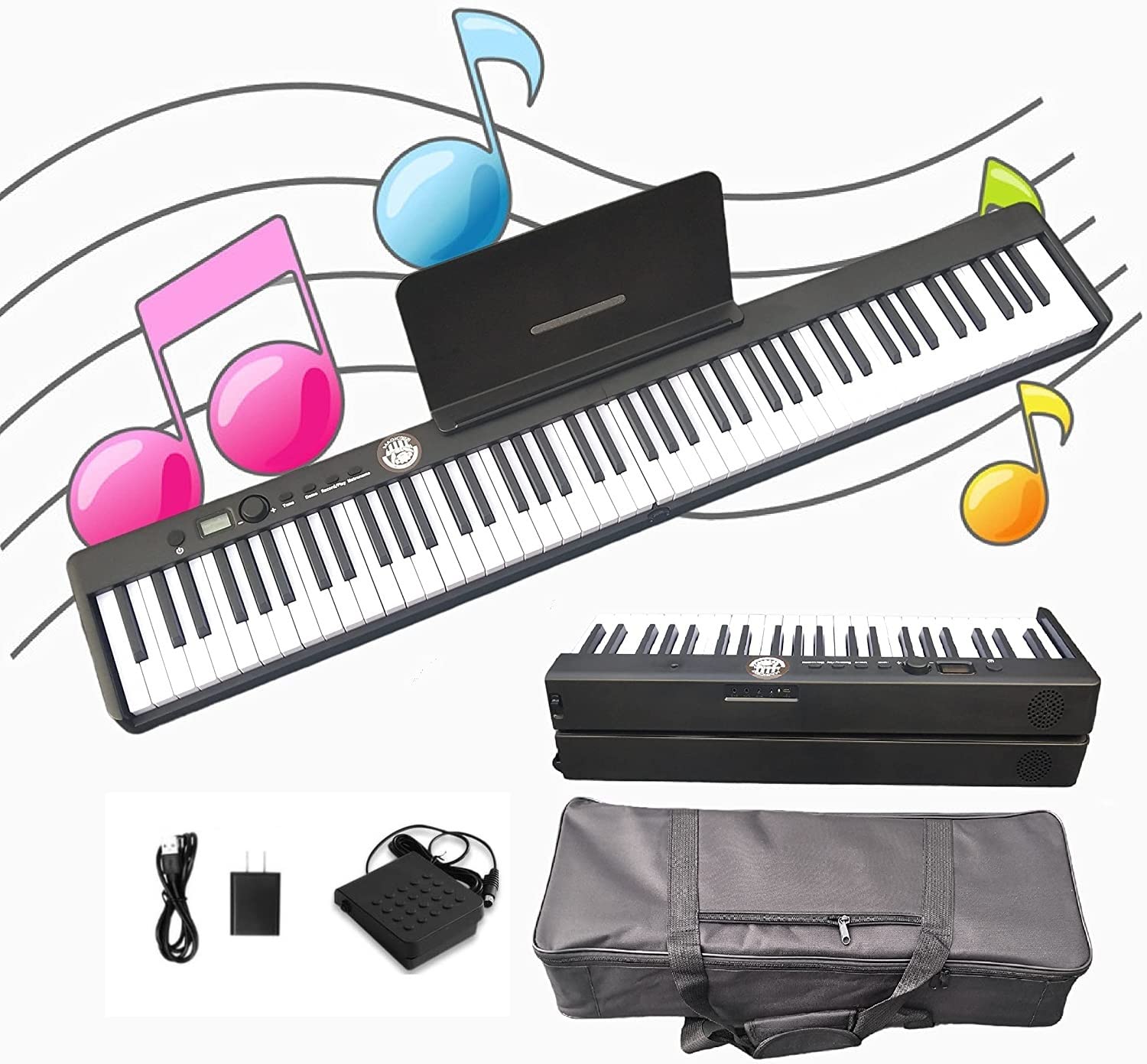 YUEQIN 88 Key Foldable Electronic Piano,Semi-Weighted Keys Piano,digital piano,Portable Electric Piano, the strength touch key,support USB/MIDI,wireless BT,Speakers,Pedal (White)