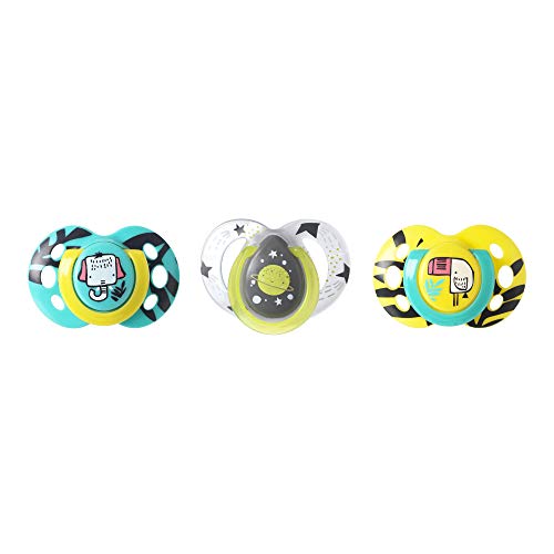 Tommee Tippee Day And Night Pacifiers, Symmetrical Design, BPA-Free Silicone Binkies, 6-18m, 3-Count, Colors And Designs May Vary