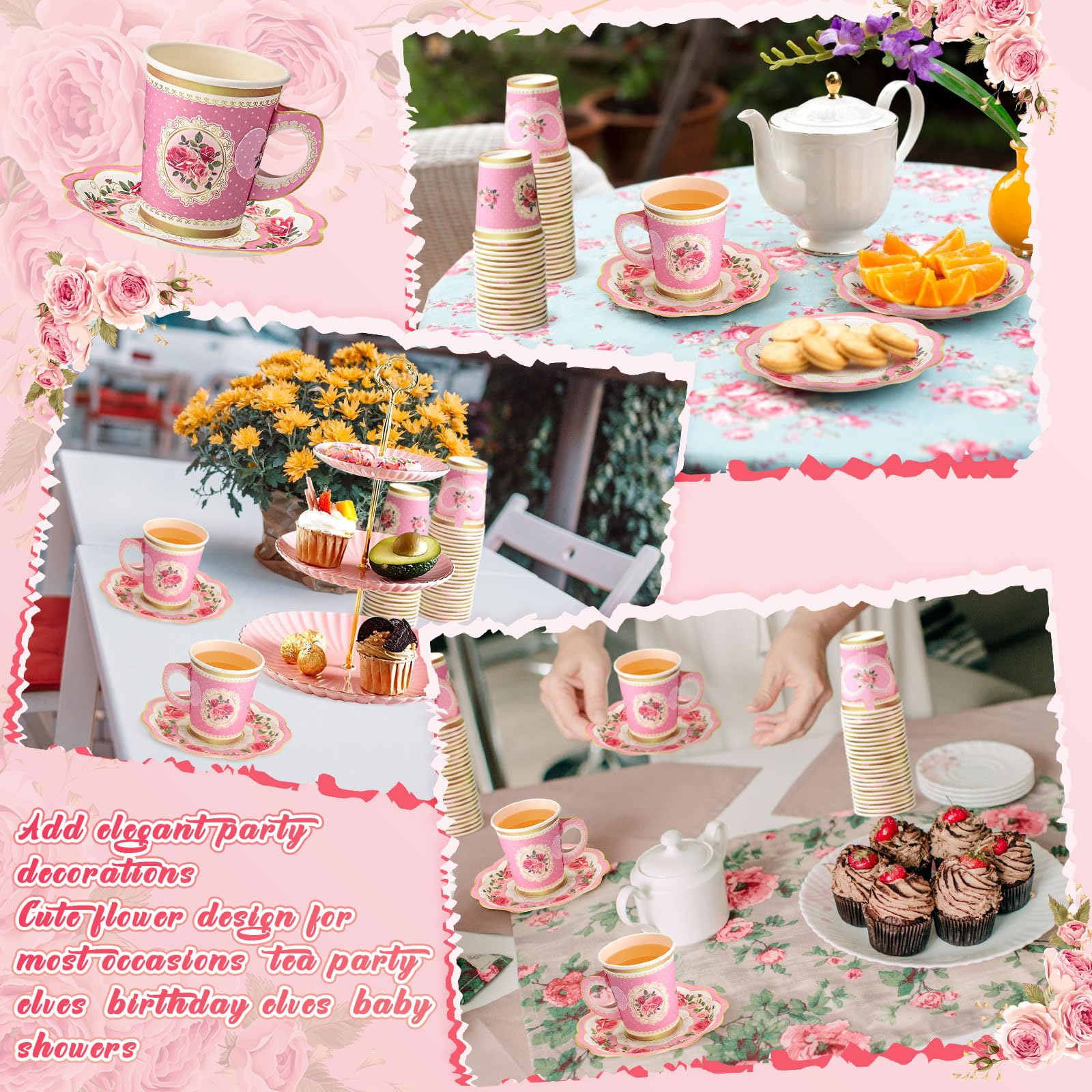 Tioncy 100 Pcs Tea Party Decorations Include 50 Pieces 9 oz Floral Paper Tea Cups with Handle and 50 Plates Disposable Blossom Teacups and Saucers Sets for Girls Birthday (Floral)