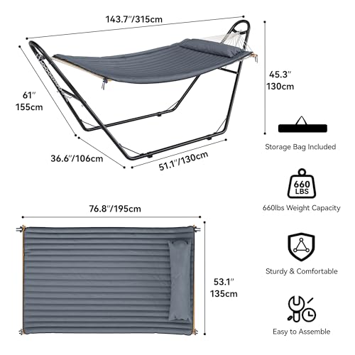 YITAHOME Hammock with Stand Included Hammock Heavy Duty Hammocks Waterproof Portable Hammock with Pillow Storage Bags 450lbs for Outdoors,Backyard, Gray Upgraded