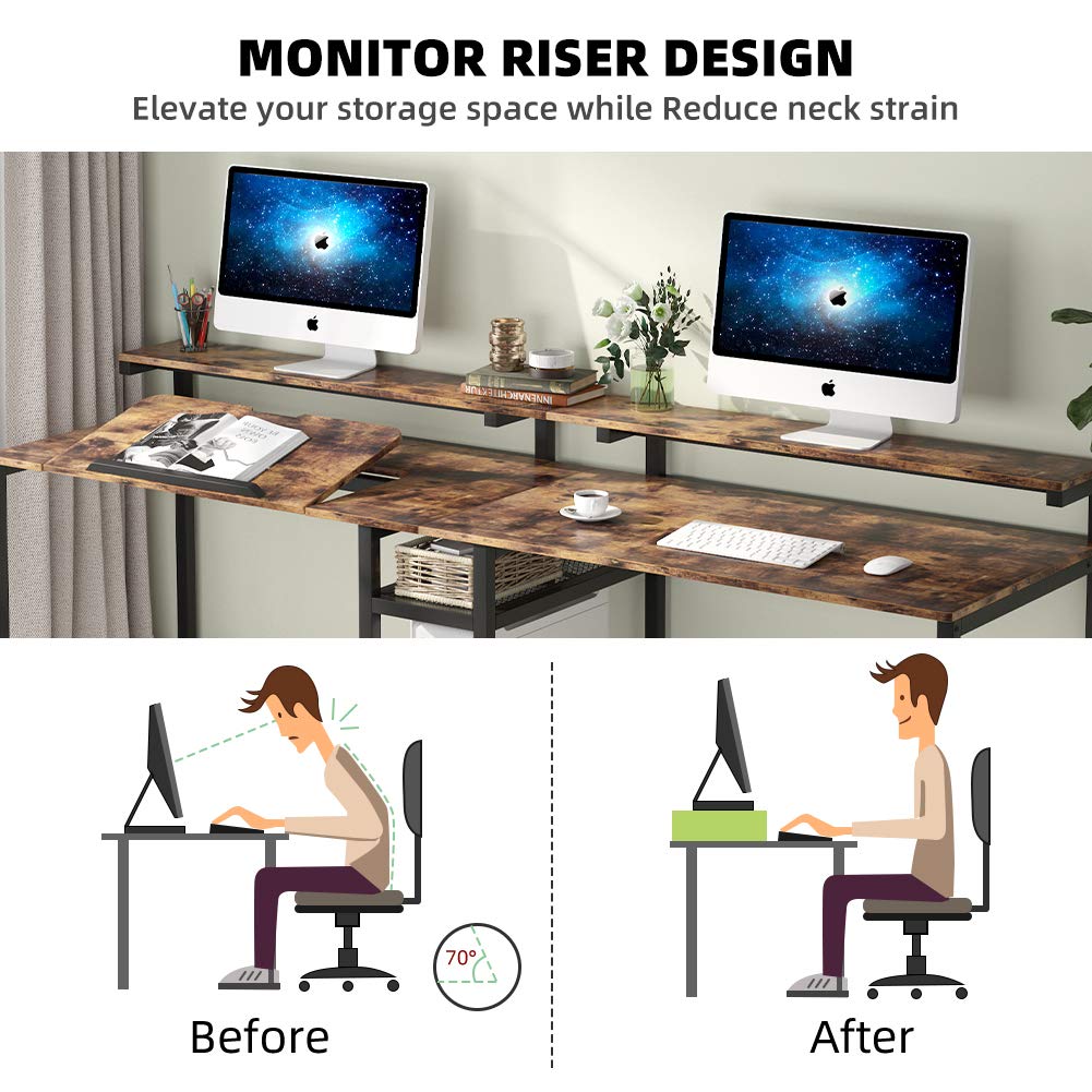 TIYASE 78.7 inch Double Computer Desk with Storage Shelves, Extra Long Two Person Desk with Hutch, Double Workstation Home Office Desk Writing Table with Tiltable Tabletop and Monitor Stand(Rustic)