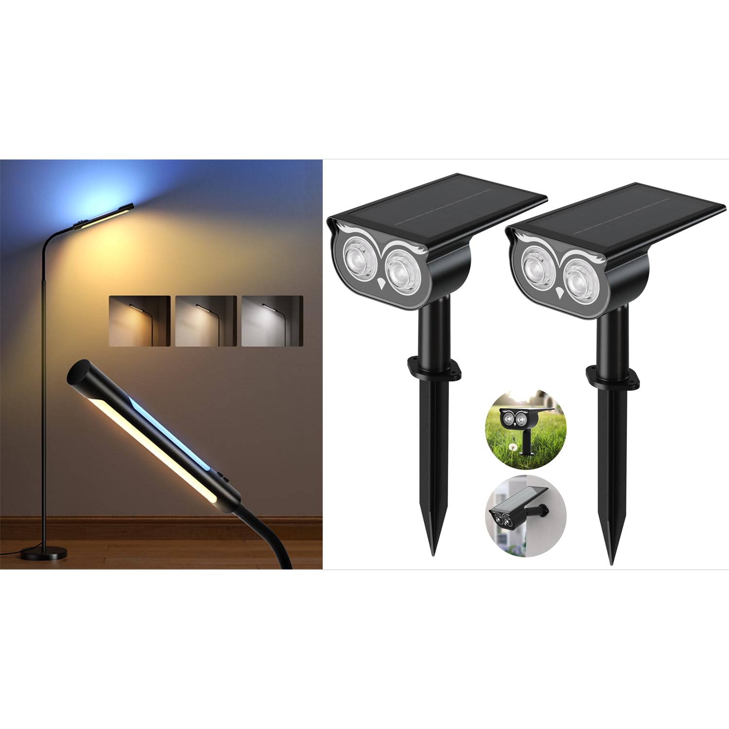 SUPERDANNY Solar Spot Lights & Double Side Floor Lamp, RGB Atmosphere & Dimmable Bright Light with 3000K-4000K-6500K Color Temps, Adjustable Gooseneck, Standing Modern Lamp for Reading, Living Room