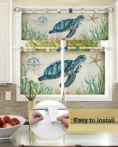 Tab Top Curtain Valance and Tiers Set,Underwater World Turtle Starfish Compass Light Filtering Kitchen Curtains Valances,Ocean Creature Seagrass Nautical Cafe Window Treatment Drapes for Bedroom