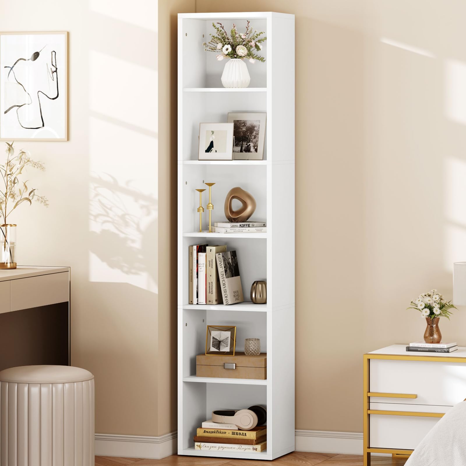 YITAHOME 70.9" Tall Narrow Bookcase, Modern Open Wooden Bookshelf with Wine Rack, 6 Tier Cube Display Shelves for Living Room/Kitchen/Bedroom/Dining Room, White