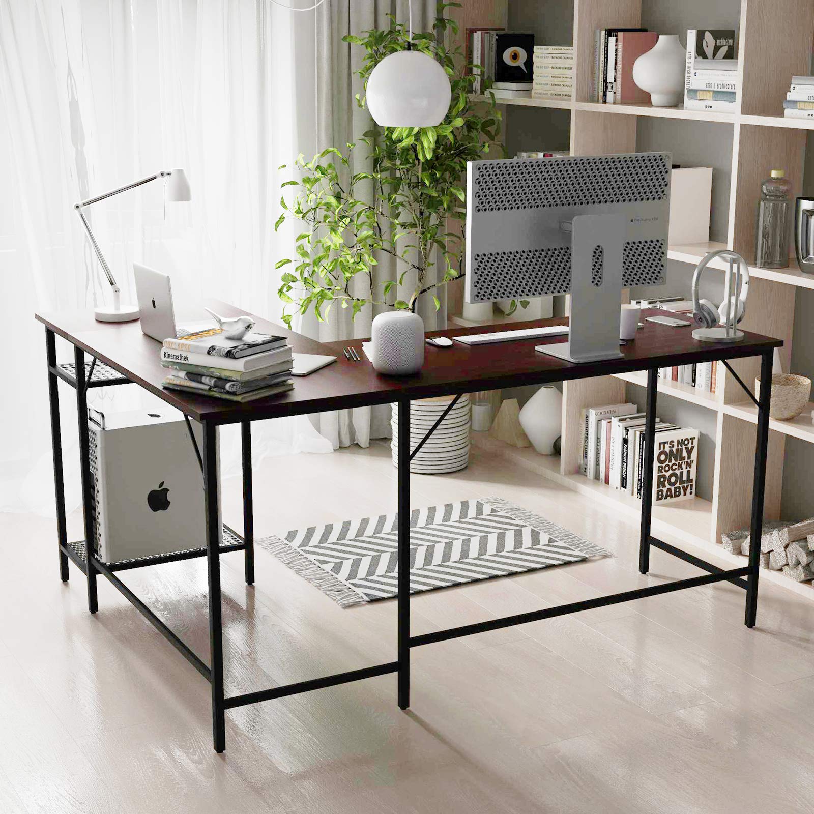 TITISKIN L-Shaped Home Office Desk with Storage Shelves, Adjustable Black Computer Corner Table Writing Workstation, 2 Person Gaming Study Desk, Multi-Usage Large Table Desk, Walnut