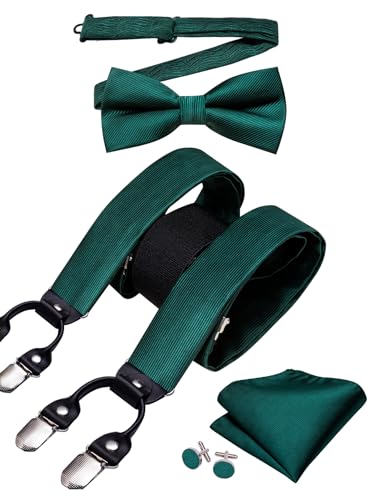 YOHOWA Men Suspenders Bowtie Set Stripe 6 Strong Clips Adjustable Y-Back Woven Brace Formal Wedding Party Tuxedo