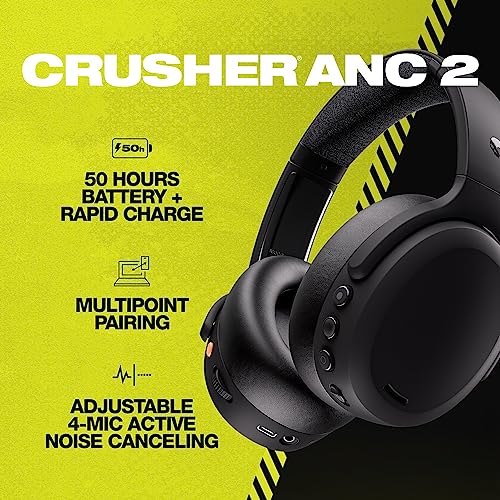 Skullcandy Crusher ANC 2 Over-Ear Noise Canceling Wireless Headphones with Sensory Bass and Charging Cable, 50 Hr Battery, Skull-iQ, Alexa Enabled, Microphone, Works with Bluetooth Devices - Black