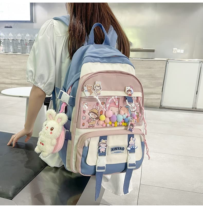 vfdgsaz Cute Kawaii Backpack with cute card plush pendant,Lovely Pastel Rucksack,Aesthetic backpack for girls and teens (blue,one size)