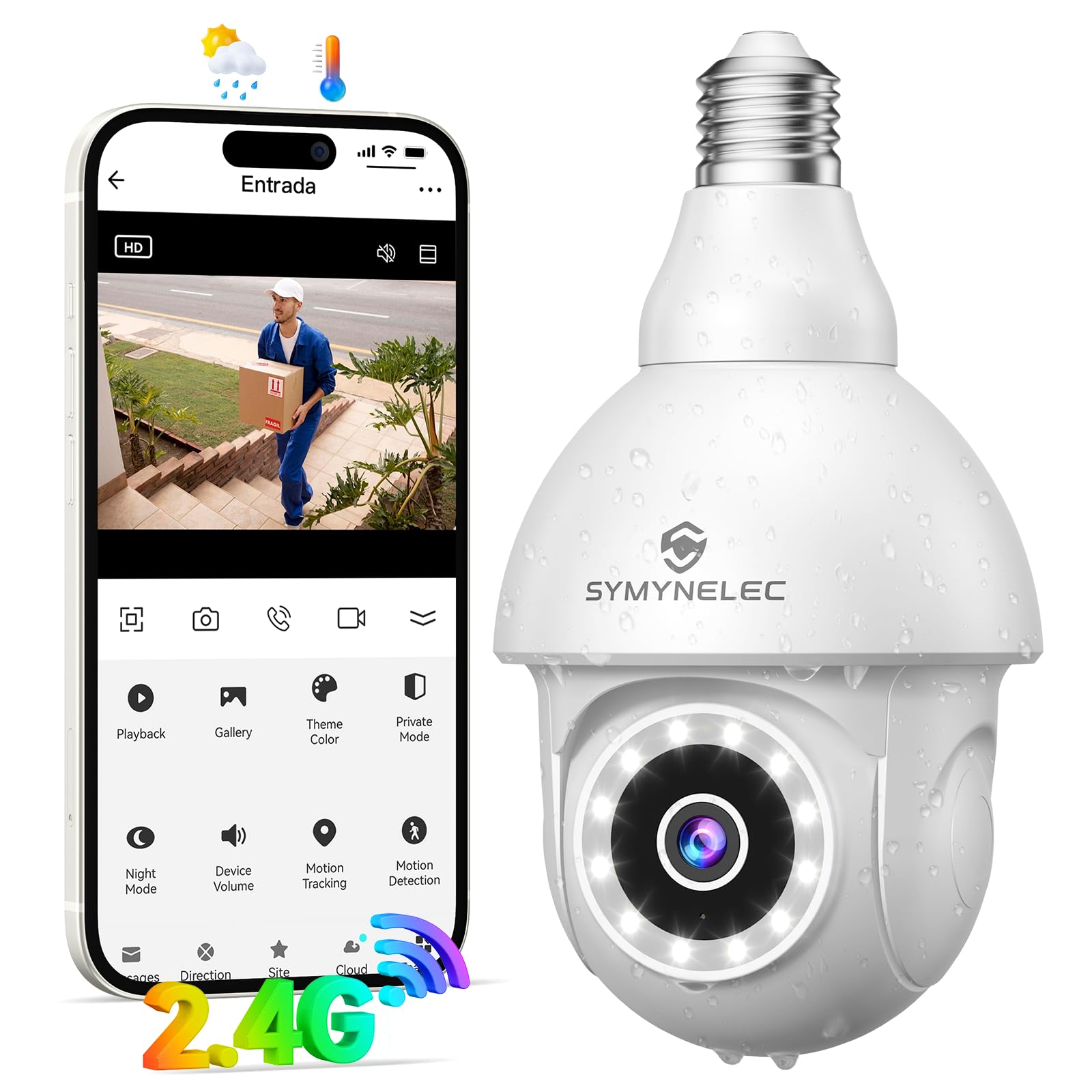 SYMYNELEC Light Bulb Security Camera Outdoor Waterproof, 2K 4MP 2.4GHz Wireless WiFi Light Socket Security Cam 360 Motion Detection Tracking Color Night Vision 2 Way Talk Works with Alexa (Black)